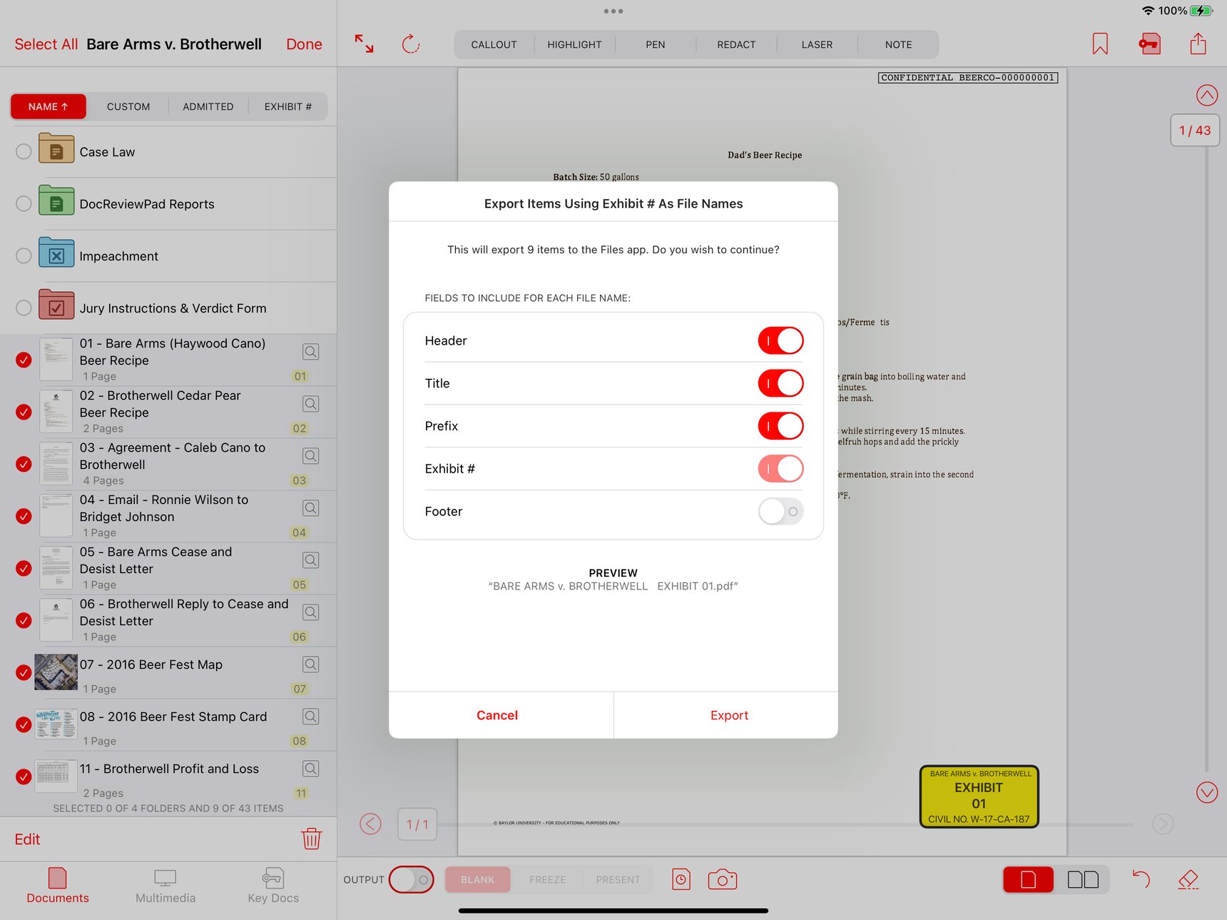 Exporting by Exhibit Number